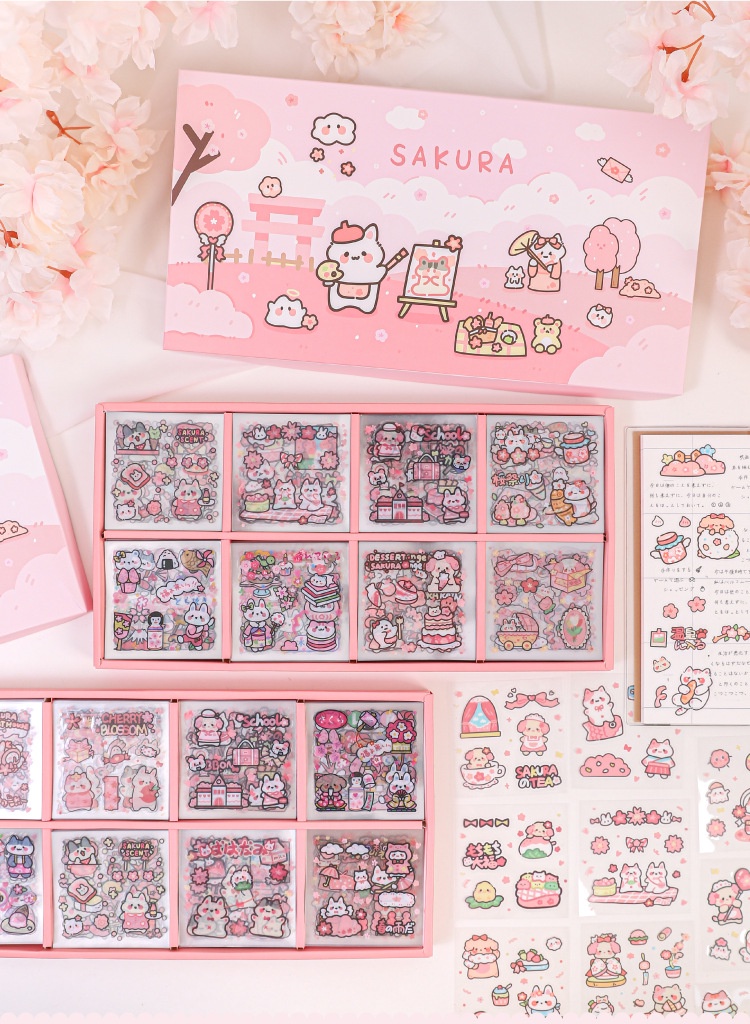 PINEDOT 200 Sheets of Cute Pink Sakura Theme Waterproof Stickers Set ...