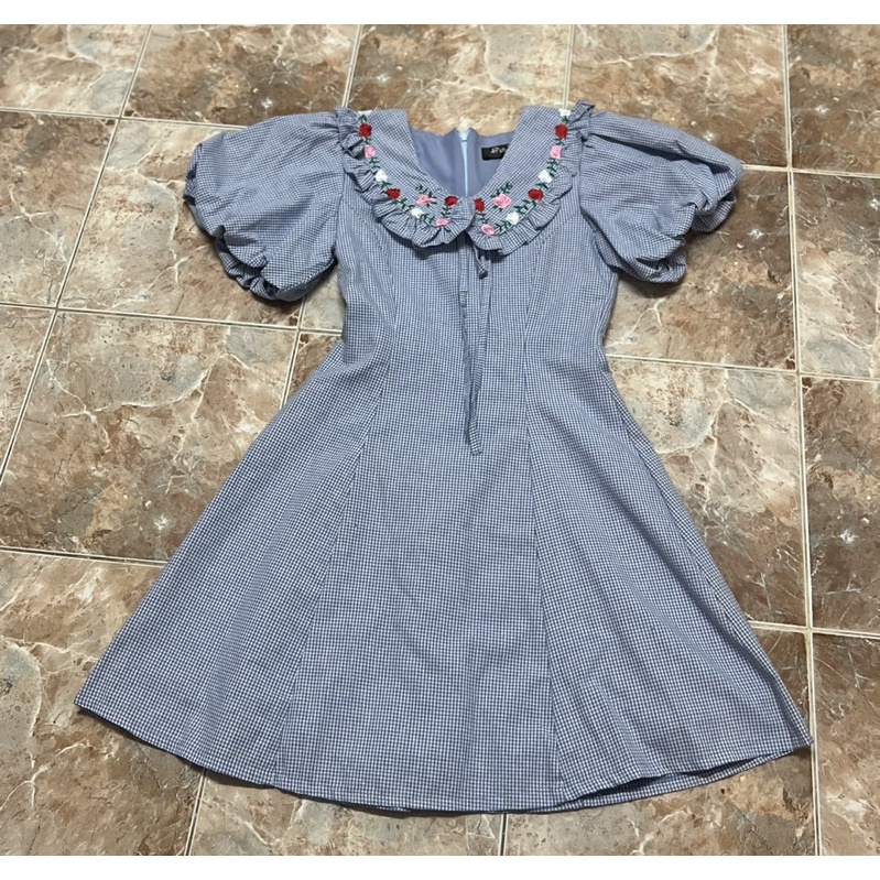 Blue Checkered Dress Embroidered Collar Balloon Sleeves. | Shopee Malaysia