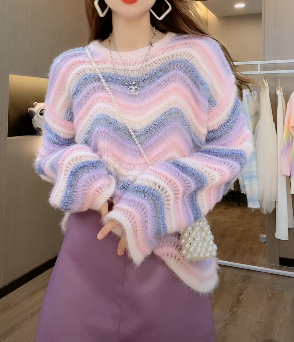 Soft Glutinous Loose Wave Pattern Sweater Idle Style Design Sense Wave ...