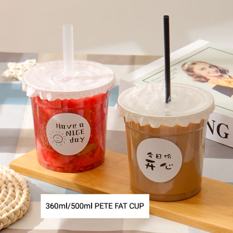 10SET/PKT 12OZ/16OZ FAT PETE PLASTIC CUP WITH FLAT LID+6mm straw+Random ...