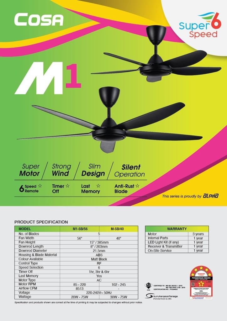 ALPHA Cosa M1 Matt Black Super 6 Speeds Ceiling Fan With Remote Control ...