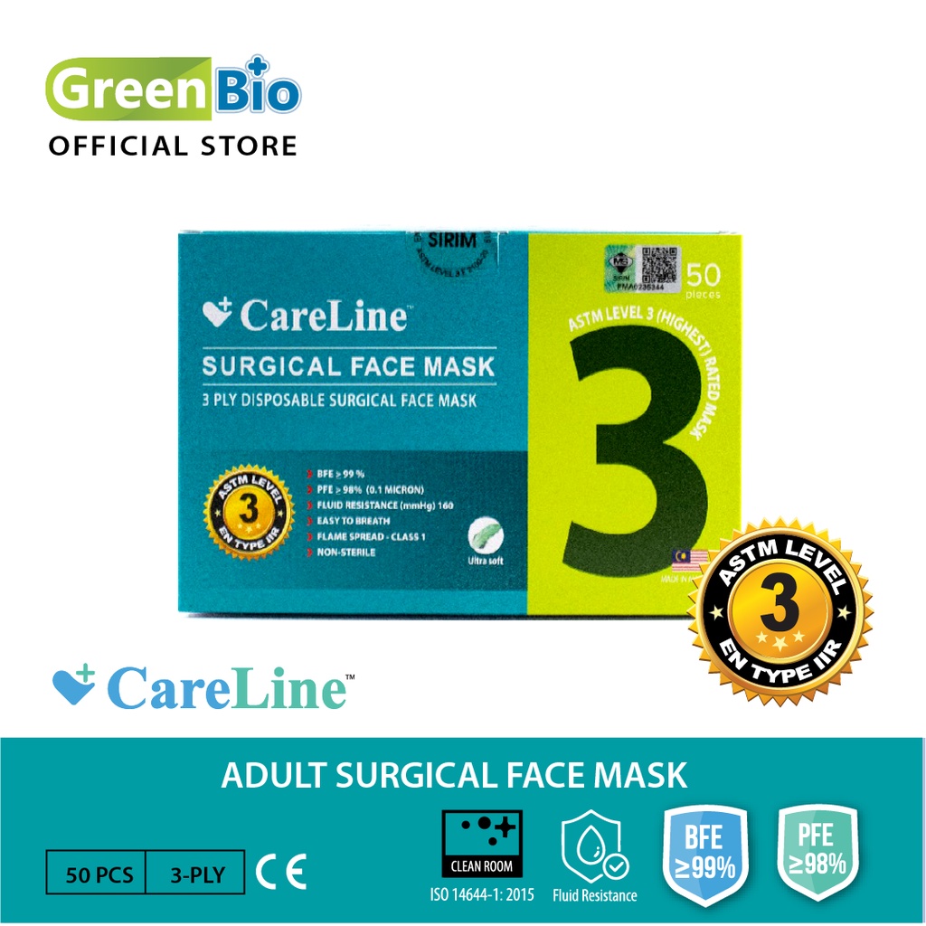 CARELINE 3 ply US ASTM Level 3 single use surgical graded face masks ...