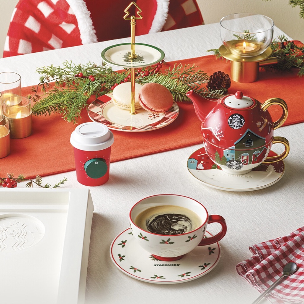 STARBUCKS KOREA Xmas Holy Check Afternoon Tea Set Plate | Tea pot 355ml ...