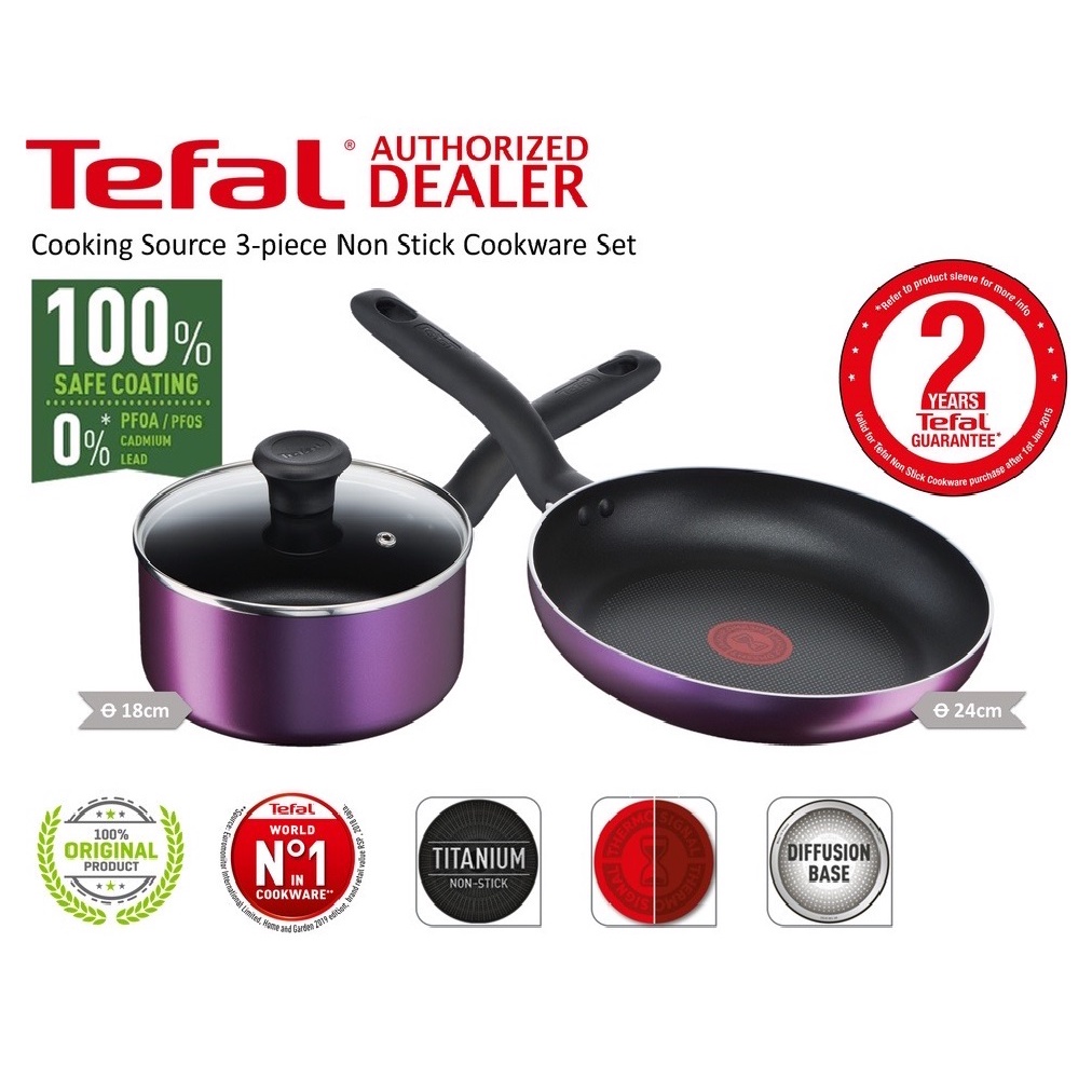 Tefal Cooking Source 3 piece Non Stick Cookware Set B504S2 Saucepan Lid Frypan | Shopee Malaysia