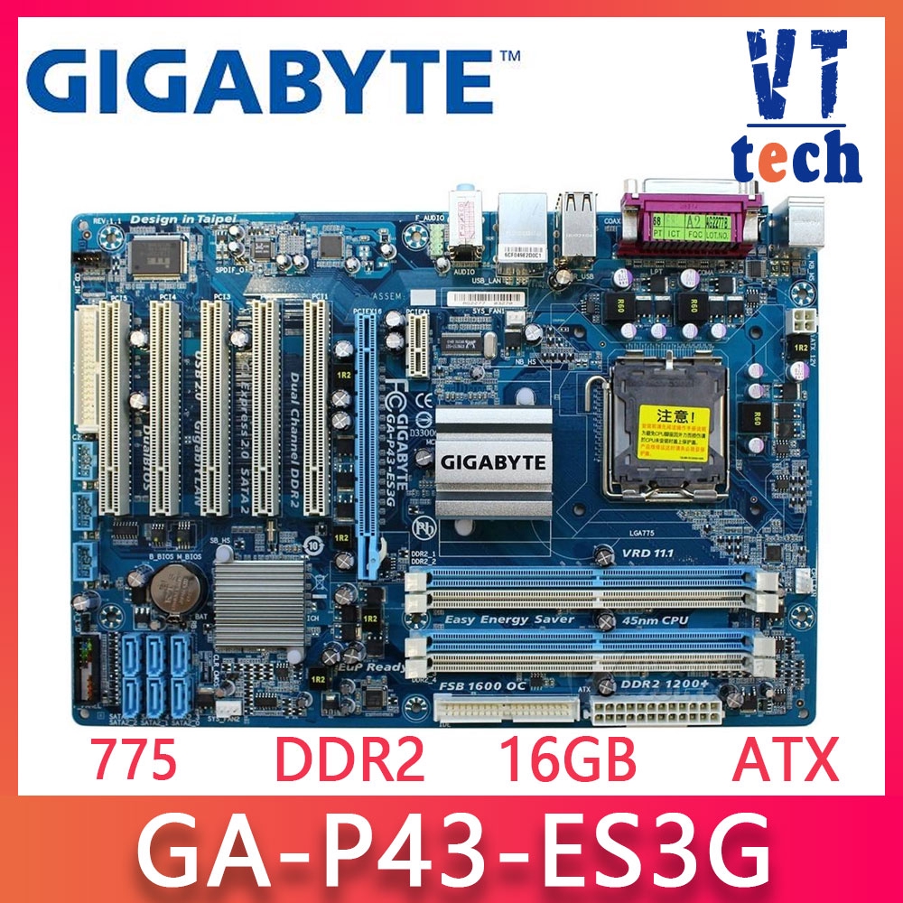 GIGABYTE GA-P43-ES3G Desktop Motherboard P43 Socket LGA 775 For Core 2 ...