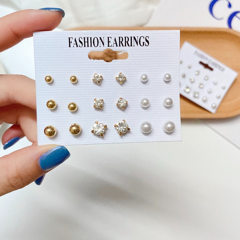 9 Pair Piercing Earrings Set Hikaw Set Ball Big Small Simulated Pearl ...