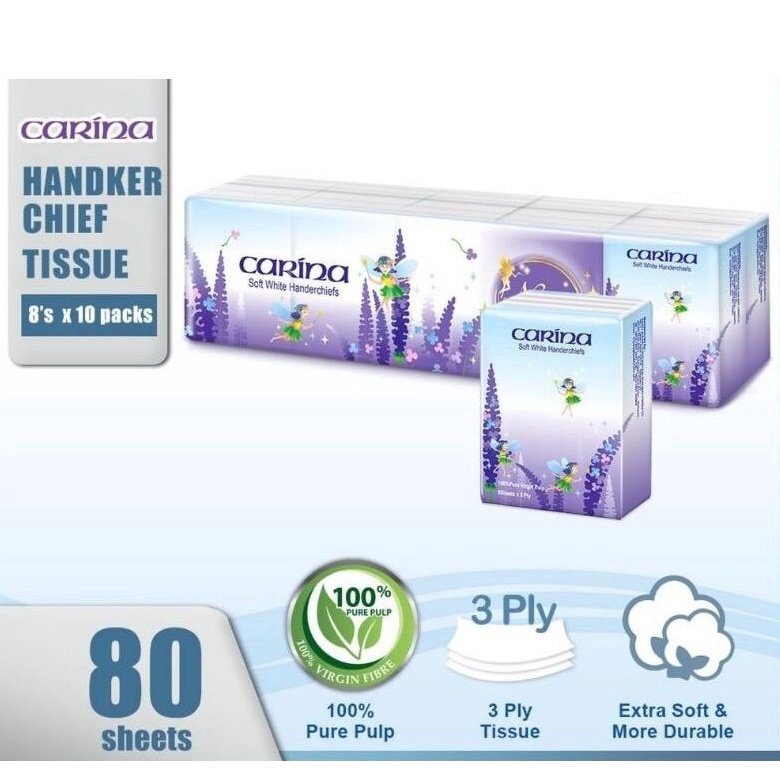 CARINA Handkerchief Tissue 3ply x 8's x 10packs ( Unscented ) | Shopee ...