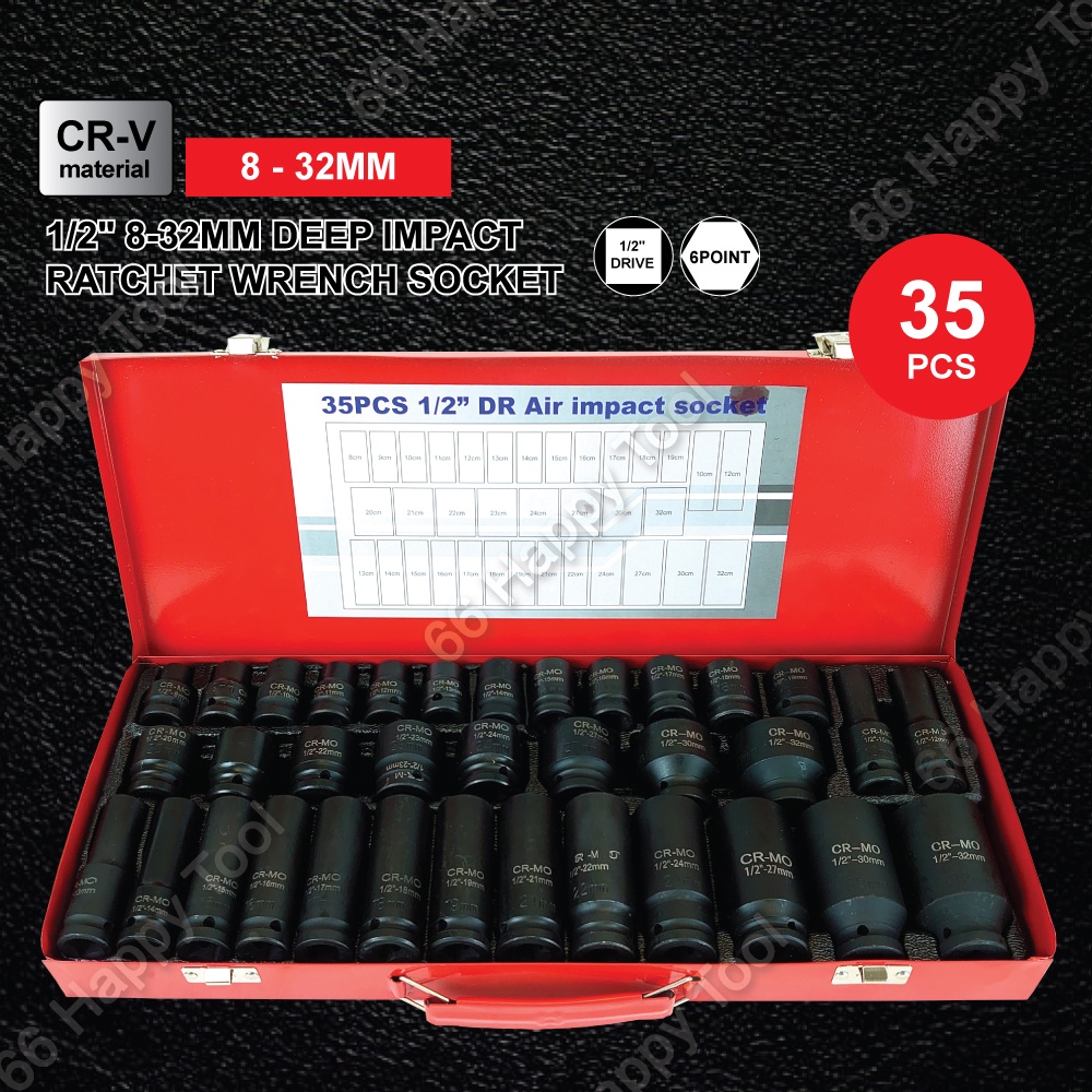35pcs 1/2" 8-32mm Deep Impact Ratchet Wrench Socket Set Metric Tool Set ...