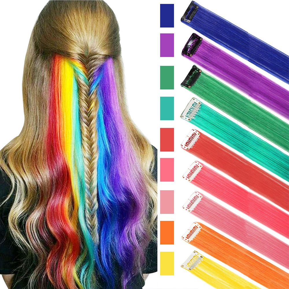 (Color improvement)Long Straight Rainbow HairPiece Hair Extensions Clip ...