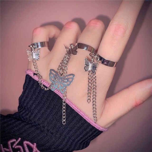 Punk Butterfly Open Finger Chain Ring Set For Women Adjustable Fashion ...