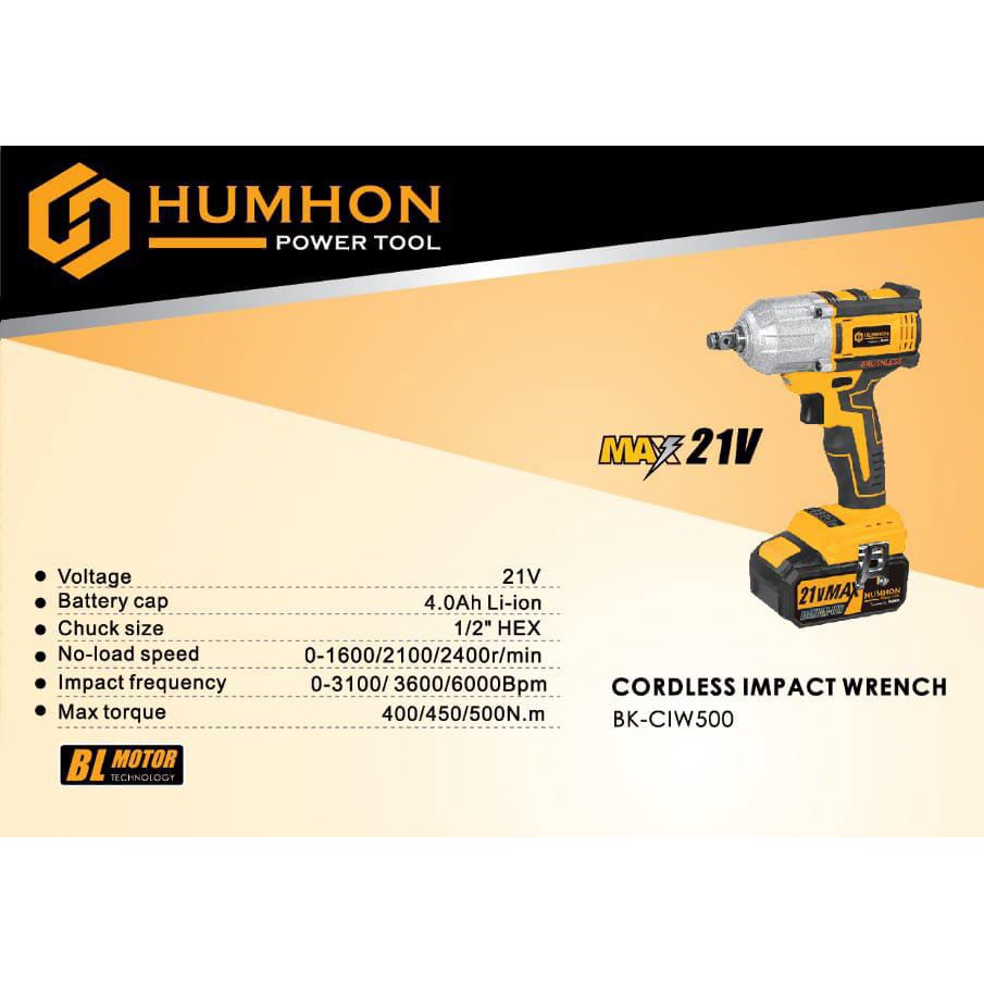 HUMHON BRUSHLESS CORDLESS IMPACT WRENCH 21V / 500NM (CIW500) | Shopee ...