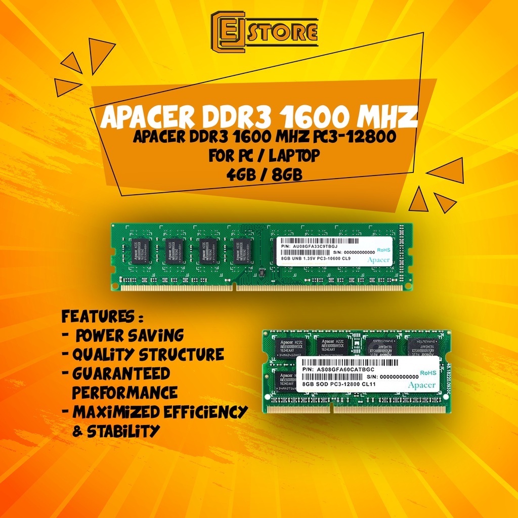 APACER/ADATA 4GB/8GB SODIMM/DIMM DDR3-1600/1333 PC3-12800/10600 FOR PC/ LAPTOP | Shopee Malaysia