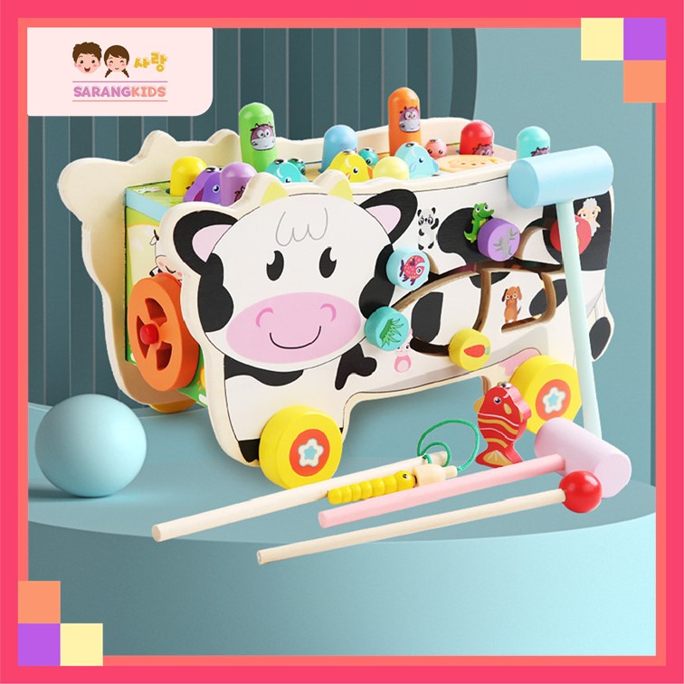 Kids Early Learning Wooden Montessori Milk Cow Musical Xylophone Hammer ...