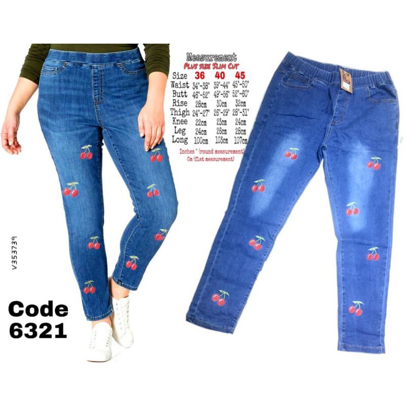 (2XL-4XL)Slim Fit Jeans Women Plus Size Embroidery Cherry Elastic High ...