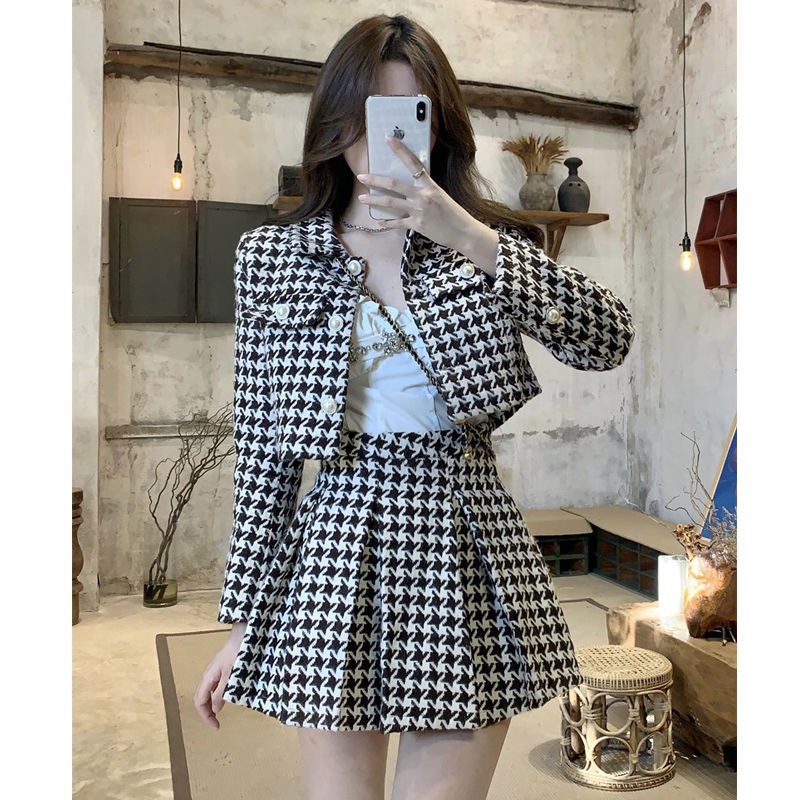 elegant Houndstooth two piece sets women lapel crop jacket tops and ...