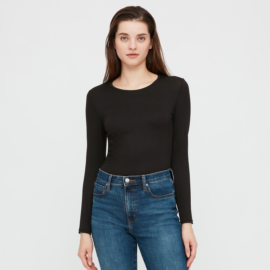 Japanese women's black round neck heattech thermal shirt (genuine ...