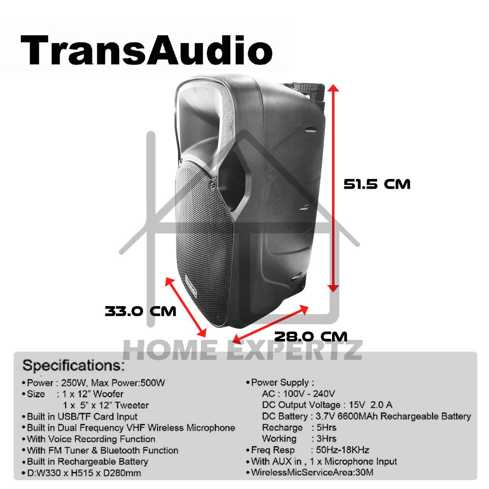 TRANSAUDIO 12" RECHARGEABLE PORTABLE TROLLEY SPEAKER SYSTEM PA SPEAKER ...