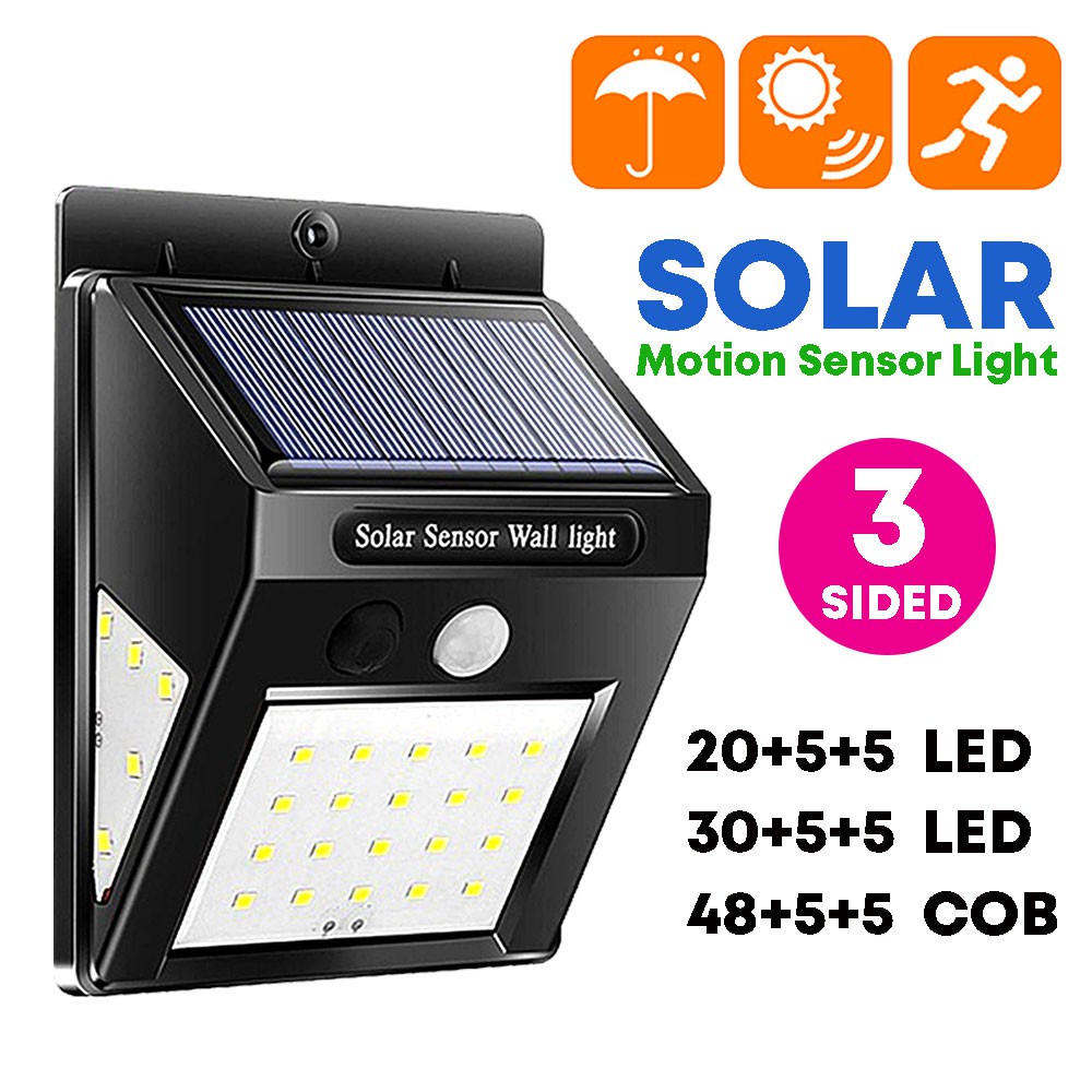 20 30 48 LED COB 3 Sided Solar Powered PIR Motion Sensor Water Resistant Auto On or Off Wall ...