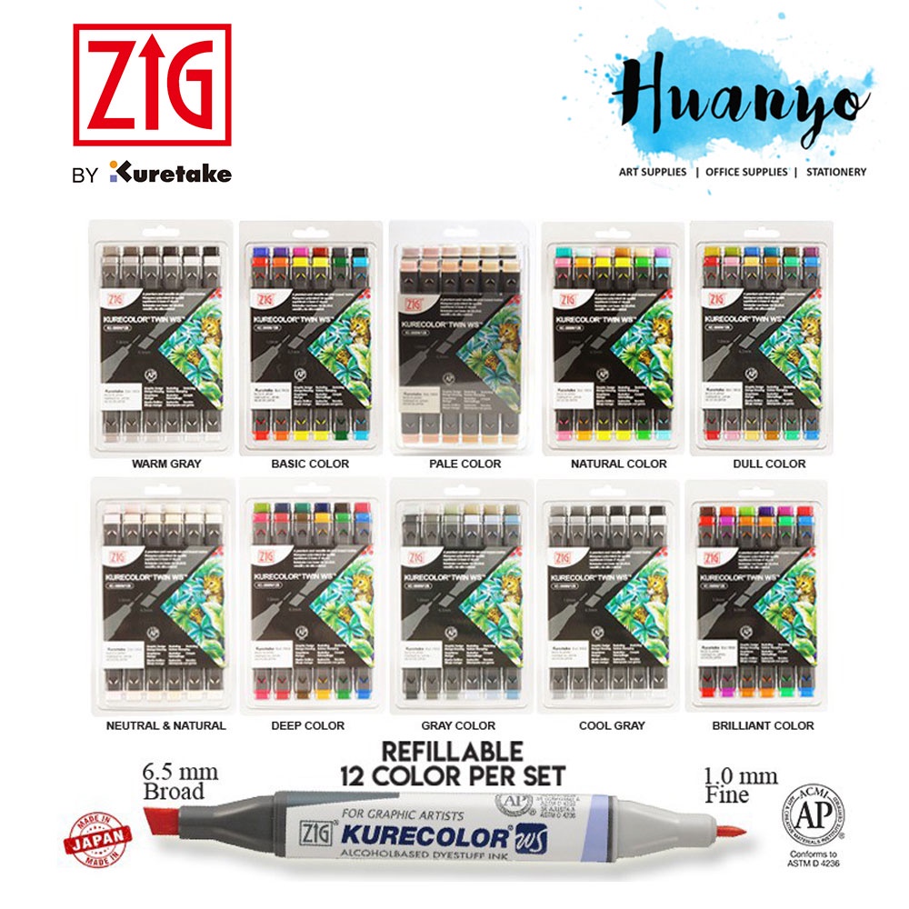 Zig Kurecolor Twin Colour Marker Set of 12 (Cool Grey / Warm Grey ...