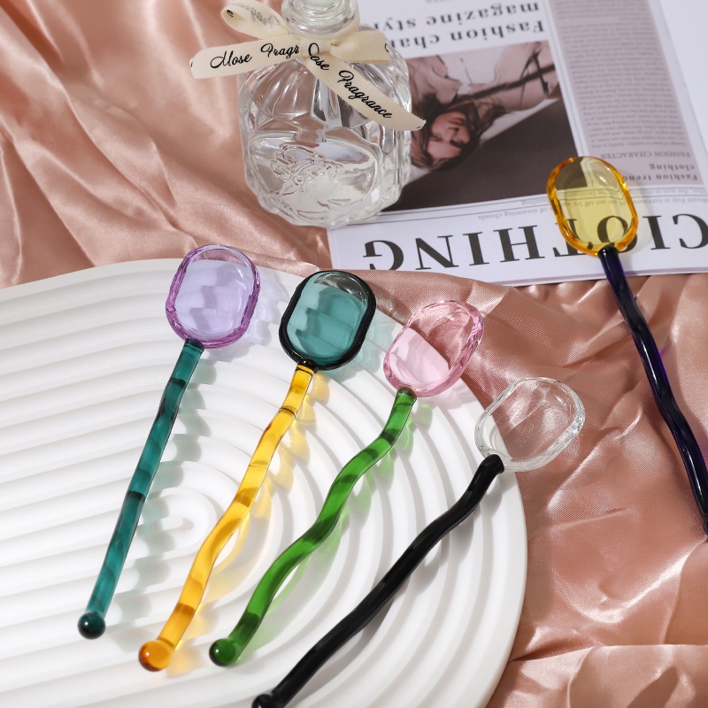 Ins Candy Color Glass Spoon Wave Long Handle Stirring Spoon Dessert ...