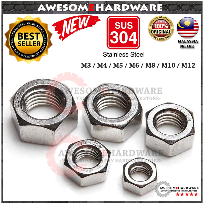 10 PCS SUS304 STAINLESS STEEL NUT METRIC SIZE (M3, M4, M5, M6, M8, M10 ...