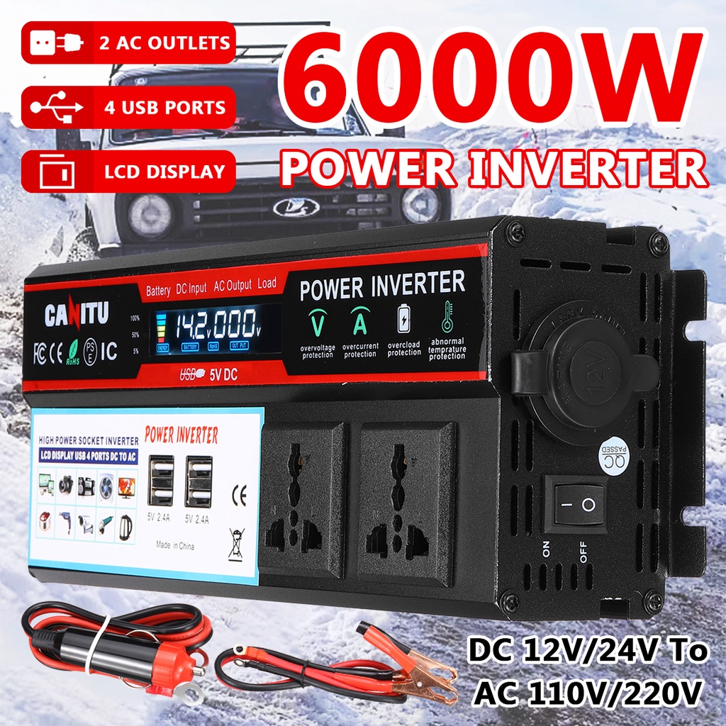 4USB 6000W Solar Power Car Inverters LCD Display DC12/24V To AC 110V ...