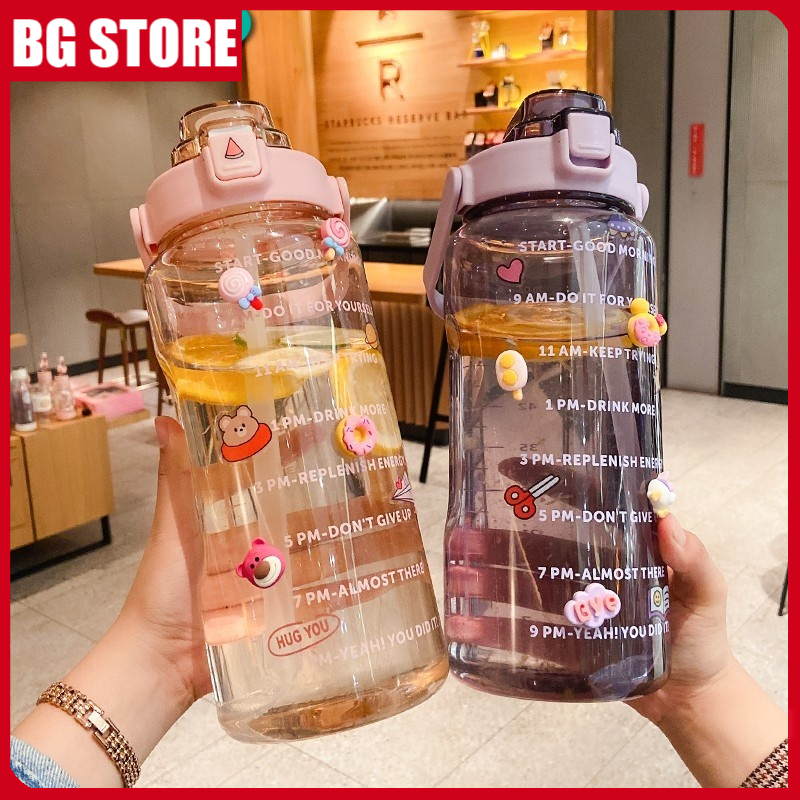 READY STOCK2000ml with reminder time Water Bottle Tumbler with straw scale big bottle 2Liter ...