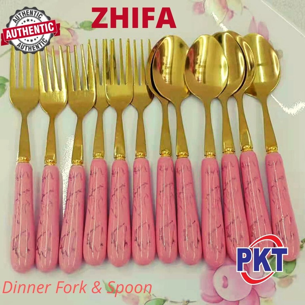 12PC Porcelain / Ceramic Zhifa Gold Plated Fork Spoon (Marble PINK ...