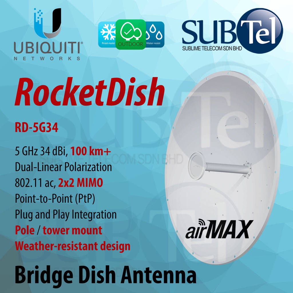 Ubiquiti RD-5G34 Networks RocketDish 5 GHz 34 dBi AirMax 2x2 MIMO WiFi ...