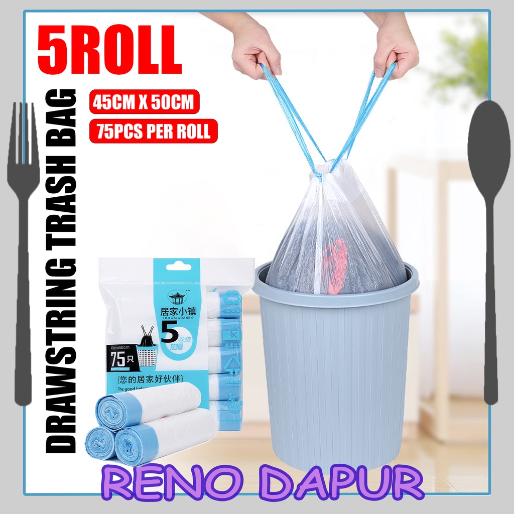 5 ROLL DRAWSTRING TRASH BAG Tie On Garbage Bag Dustbin Bag with Rope ...