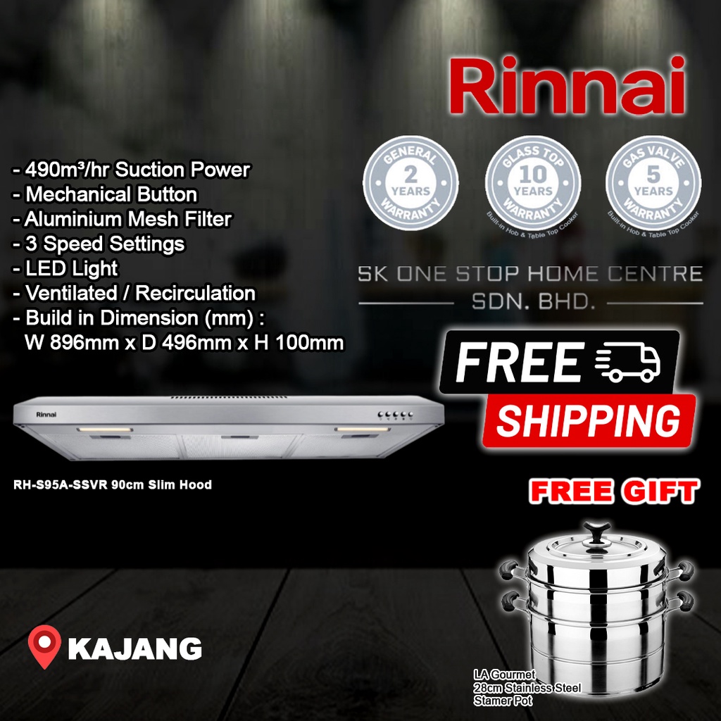 RINNAI RH-S95A-SSVR 90CM SLIM HOOD 490m3/hr Suction Power (Free Gift ...