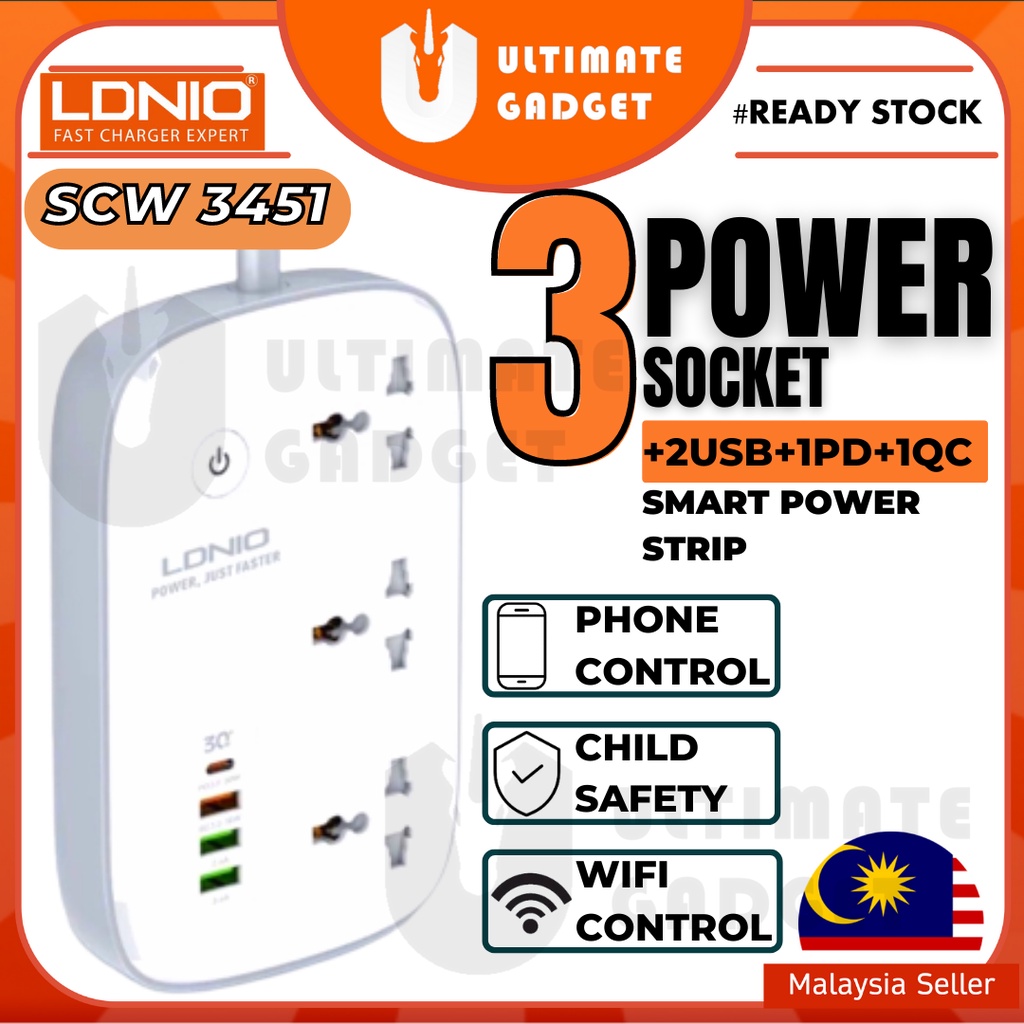 Ldnio SCW3451 DEFENDER SERIES - WiFi Smart Power Strip 3 SOCKET + 1 QC 3.0 + USB C PD 4 USB with ...