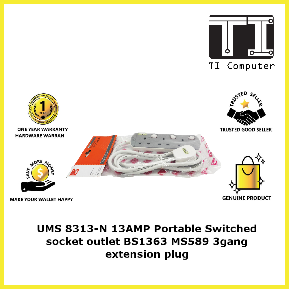 UMS 8313-N 13AMP Portable Switched socket outlet BS1363 MS589 3gang ...