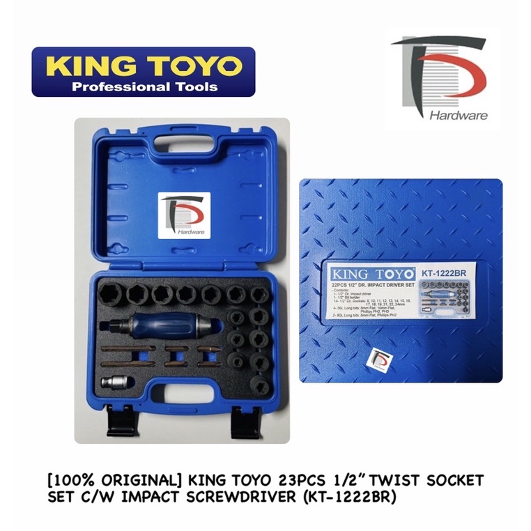 [100% ORIGINAL] KING TOYO 23PCS 1/2” TWIST SOCKET SET C/W IMPACT SCREWDRIVER (KT-1222BR ...