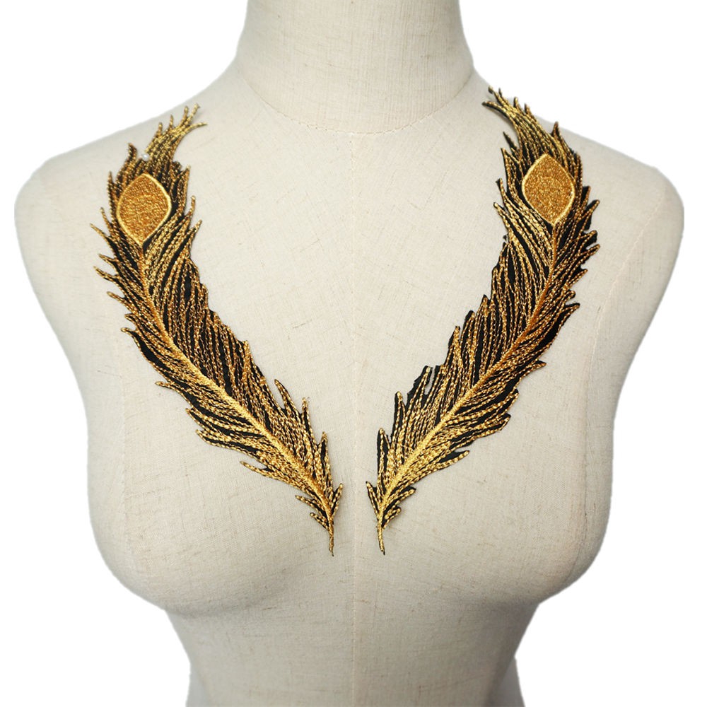 2Pcs Gold Embroidery Peacock Feather Sew Iron On Patch Badge Bag Hat ...