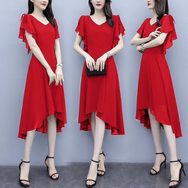 【Ready Stock】 Plus Size Women Ruffle Short Sleeve Chiffon Midi Dresss ...