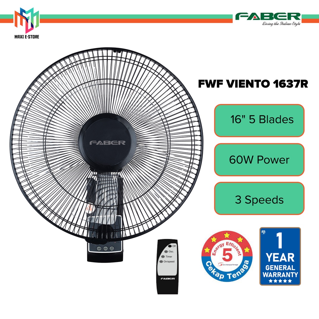 Faber Viento 5 Blades Wall Fan with Remote Control Copper Motor (16 ...
