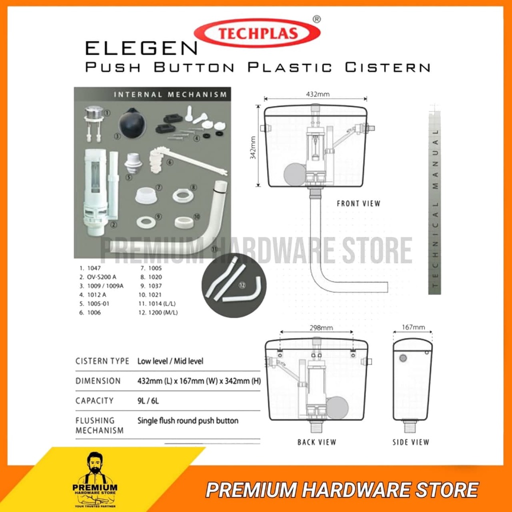 TECHPLAS Elegen Single Flush Push Button Plastic Cistern TCH-1102 ...
