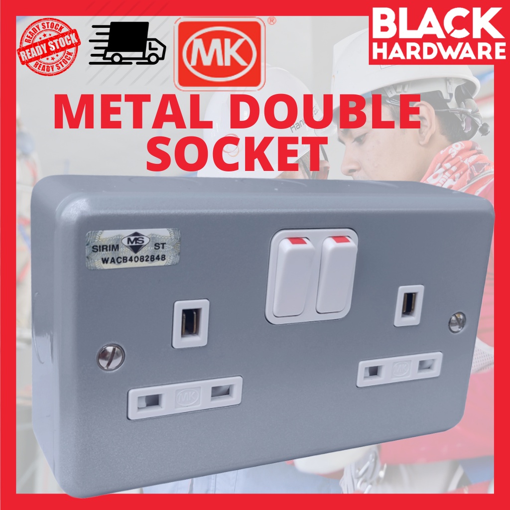 BLACK HARDWARE 2 Gang 13A Metal Electric Plug Extension Double Switch ...