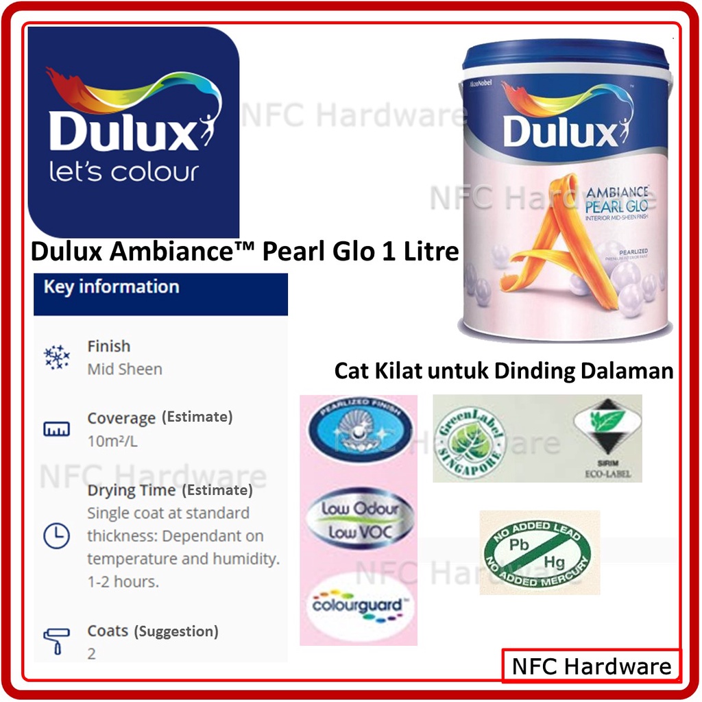 DULUX Ambiance Pearl Glo 1 Litre (Cat Kilat untuk Dinding Dalaman ...