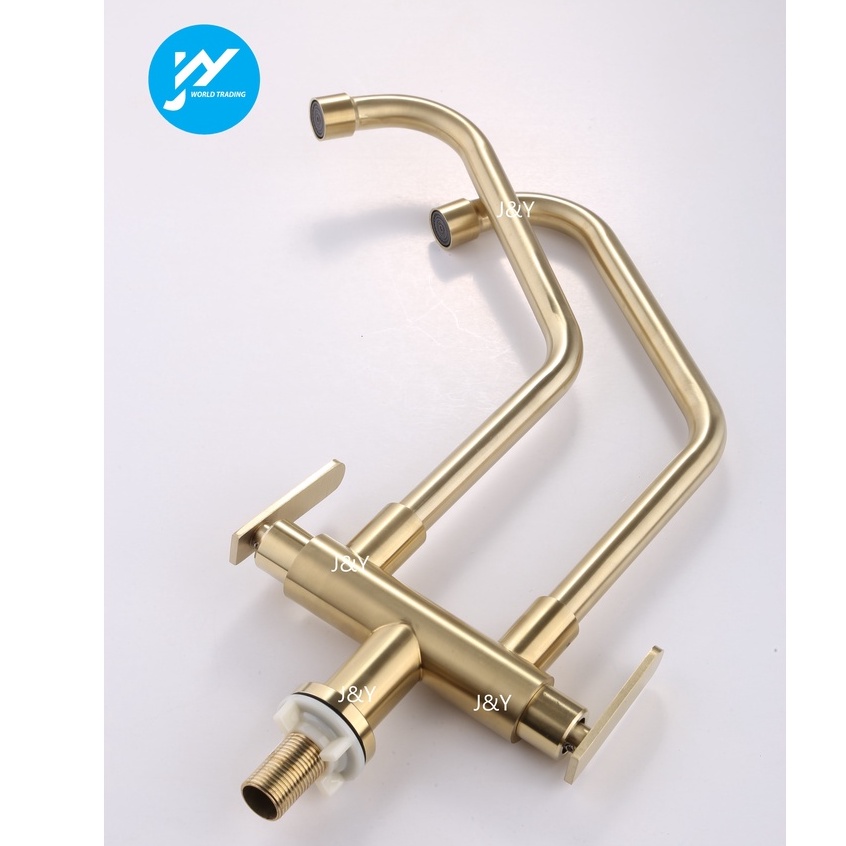 Gold Kitchen 304 Stainless Steel Double Faucet L Shape Pillar Basin Tap ...