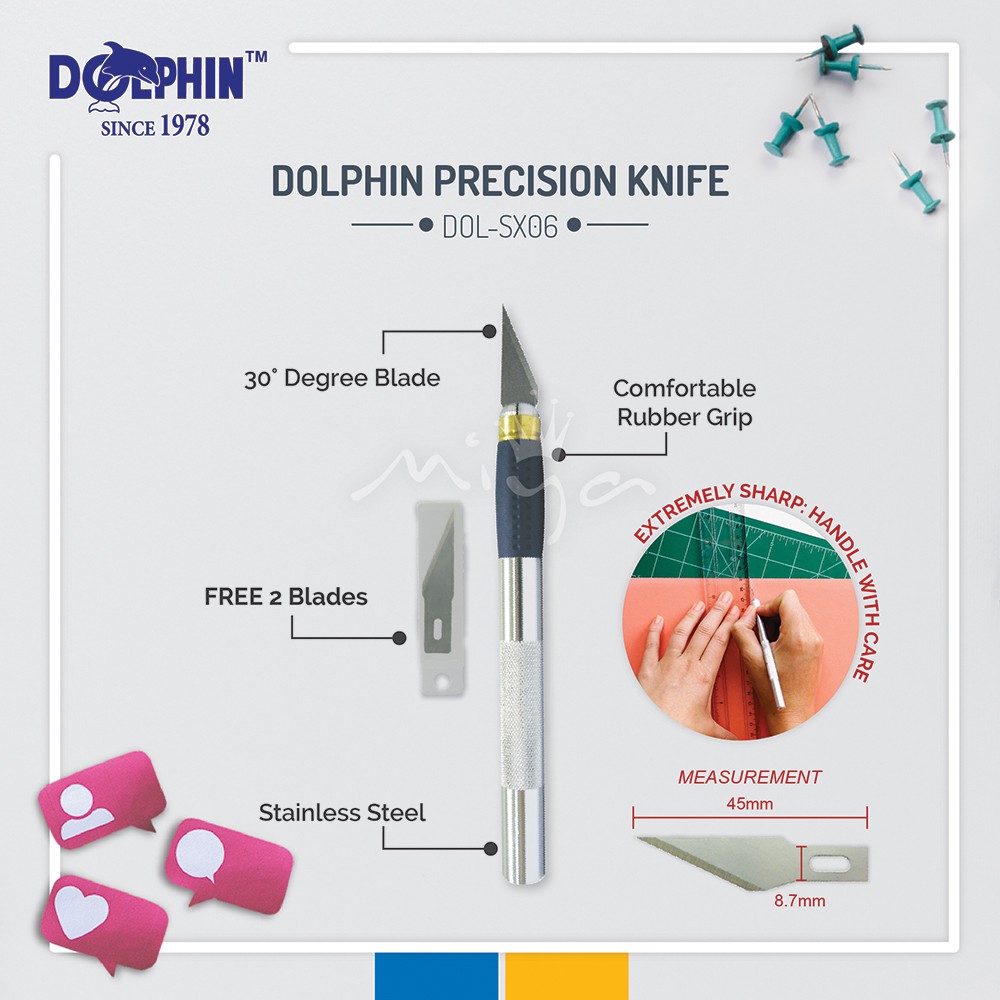 Dolphin Precision Metal Art Pen Knife Cutter Blade for Craft DOL-SX06 (Free 2 Blades) - 45mm x 8 ...