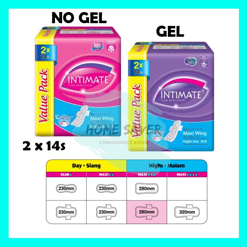 Intimate Night Use Maxi Wing 2 x 14s (28cm) Absorbent Gel/Tanpa Gel Tuala Wanita | Shopee Malaysia