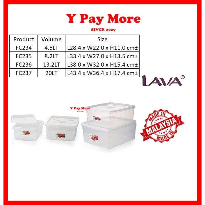 Lava 4.5LT / 8.2LT / 13.2LT / 20LT Multipurpose Storage / Plastic Food ...
