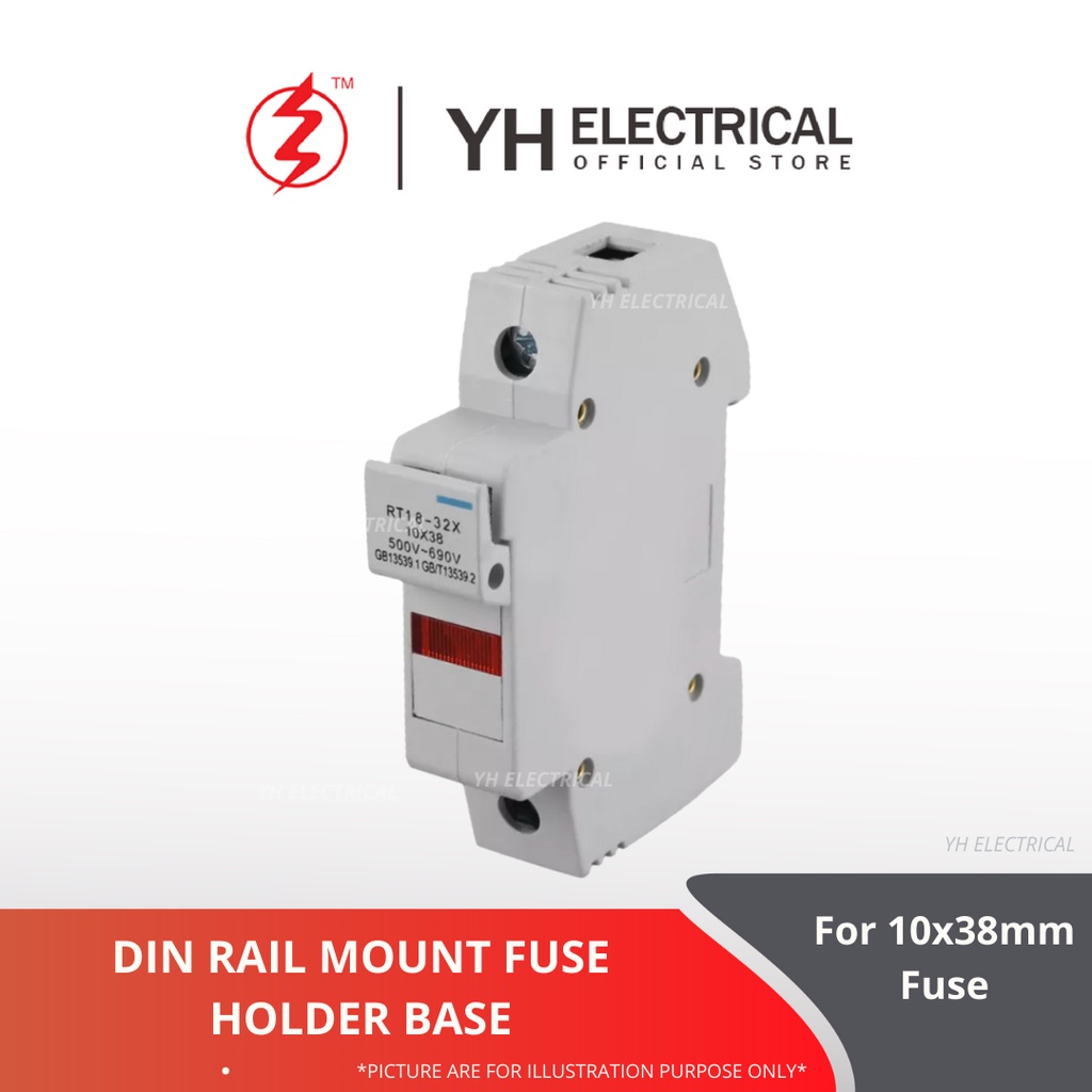 10x38mm 1 Pole 32A DIN Rail Mount Fuse Holder Base AC 380V / Fuse Carrier with Neon ( RT18-32X ...