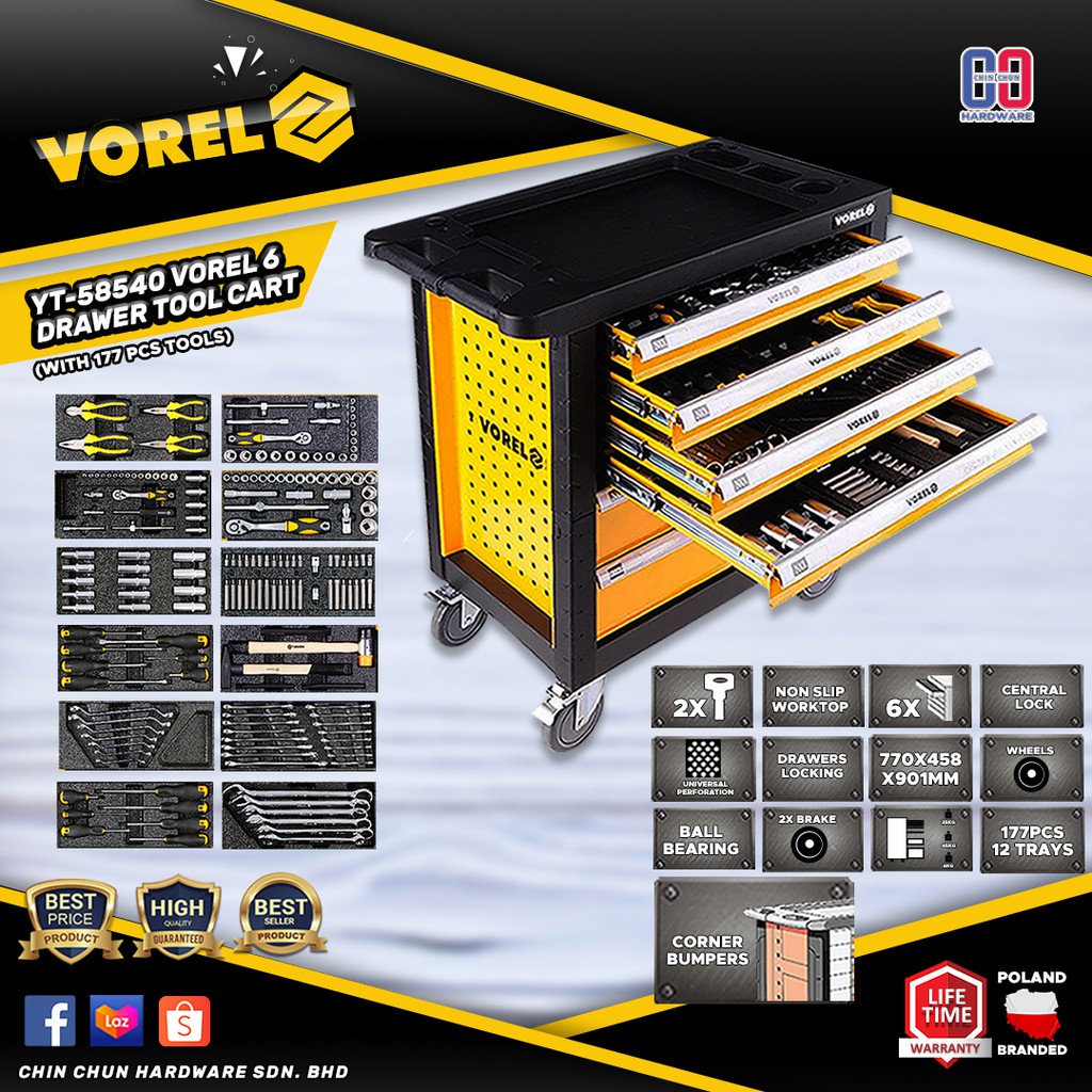Vorel/Yato 177pcs YT-58540 6 Drawer Tool Cart|Trolley With Tools|Yato ...