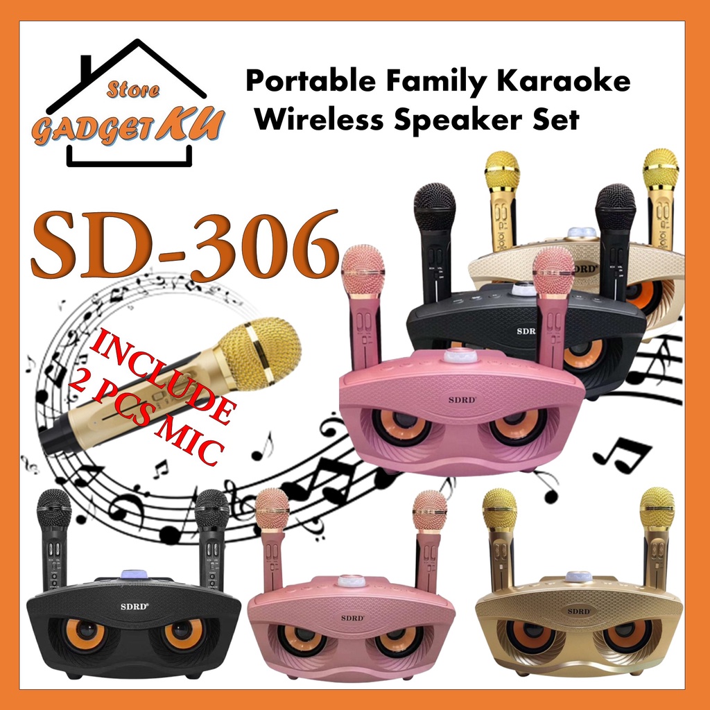 SDRD SD-306 SD306 2 Wireless Microphone & Speaker Portable 3D Bluetooth Speaker Mobile Wireless ...
