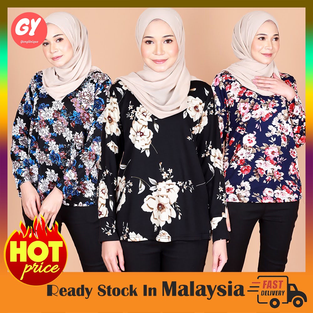 Women Ghaniyah Round Neck Floral Long Sleeves@ Blouse Baju Muslimah ...