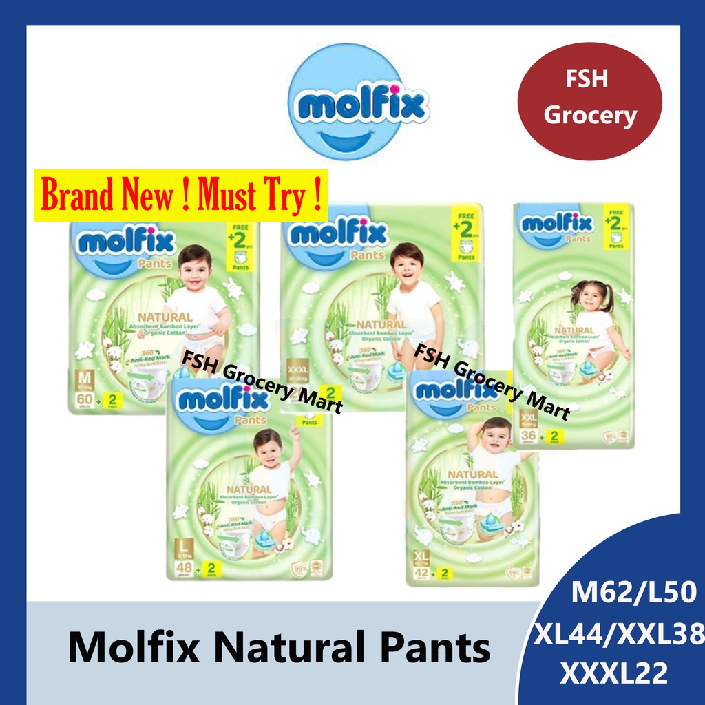 MOLFIX Natural Diapers - Pants (M62 / L50 / XL44 / XXL38 / XXXL22 ...