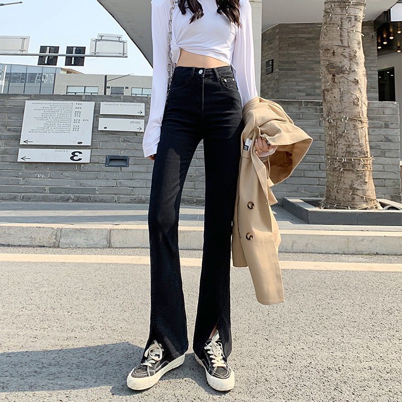 Black skinny jeans women split jeans straight pants | Shopee Malaysia